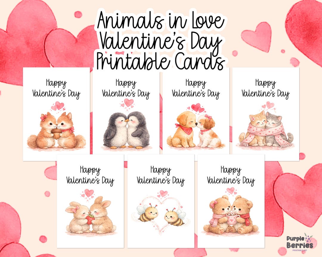Animals in Love Valentine Printable Cards, Cute Animal Valentine Card ...