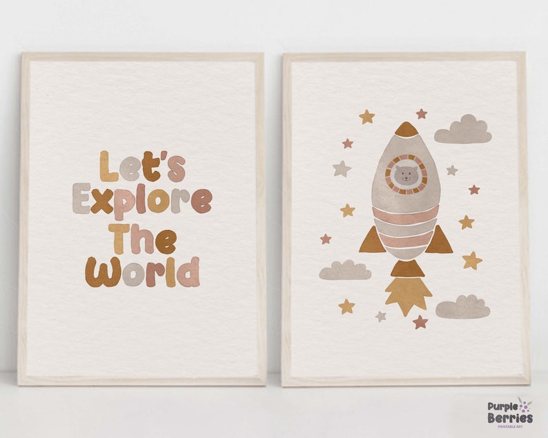 Boho Nursery Print Set of 2, Let's Explore the World Printable Wall Art ...