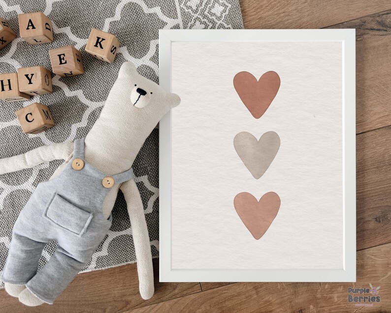 Boho Hearts Nursery Artwork, Watercolor Minimal Heart Wall Art, Toddler ...