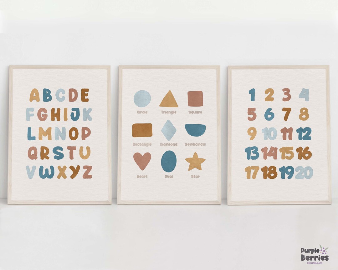Boho Nursery Print Set of 3, Playroom Educational Posters, Alphabet and ...