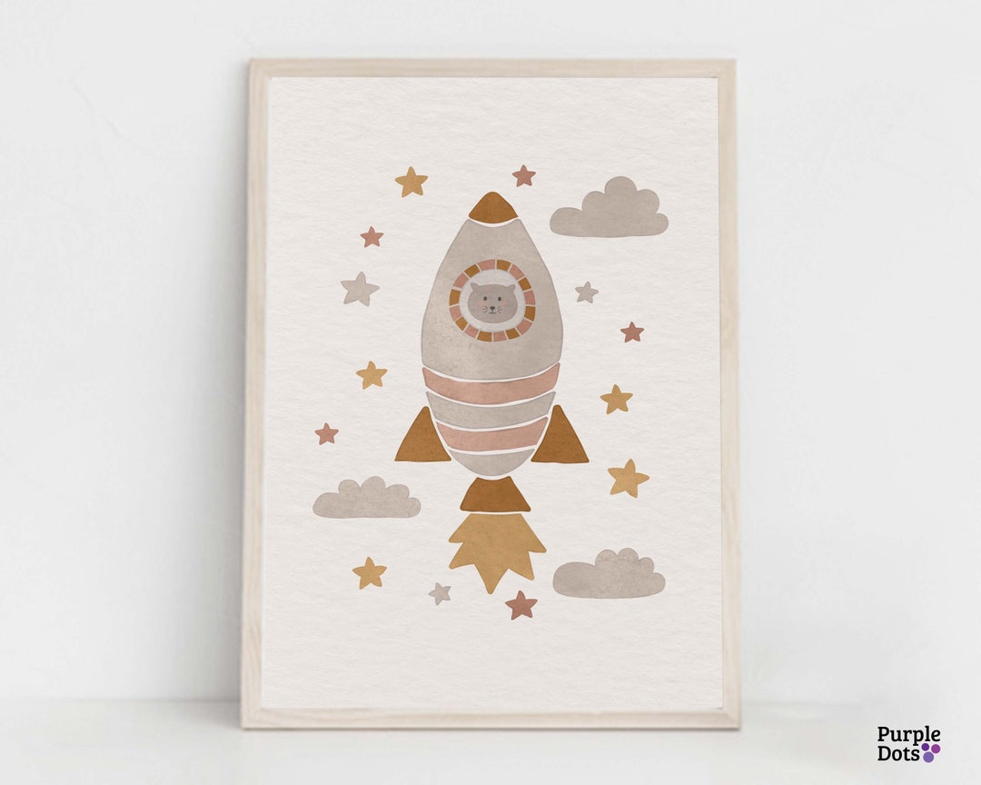 Boho Nursery Print Cat in Space Rocket Wall Art Gender - Etsy