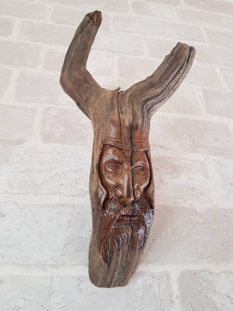 Viking Carved in Oak Driftwood Face Carving Unique Art - Etsy