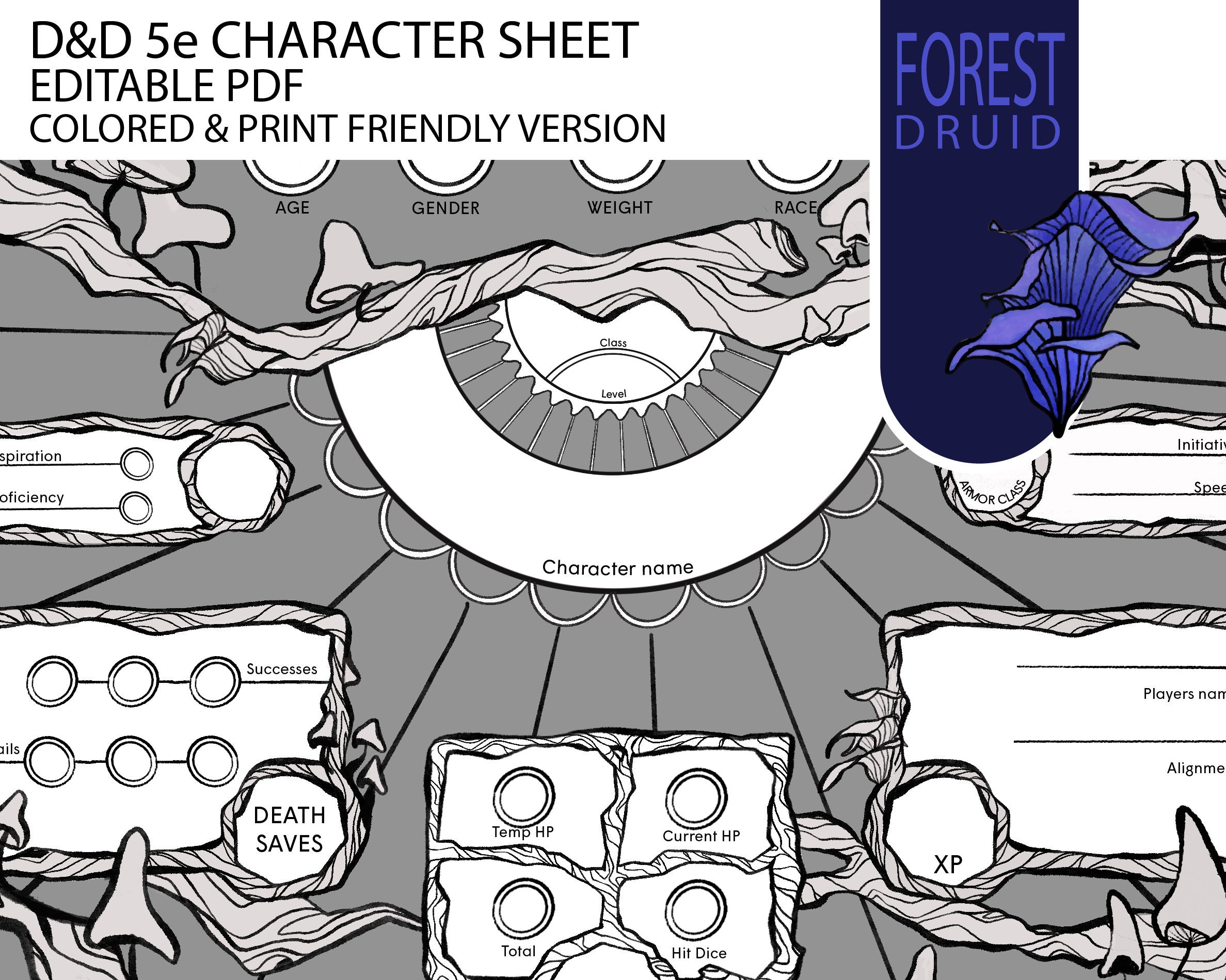 Dnd 5e Character Sheet Editable PDF Black and White Colored Druid ...