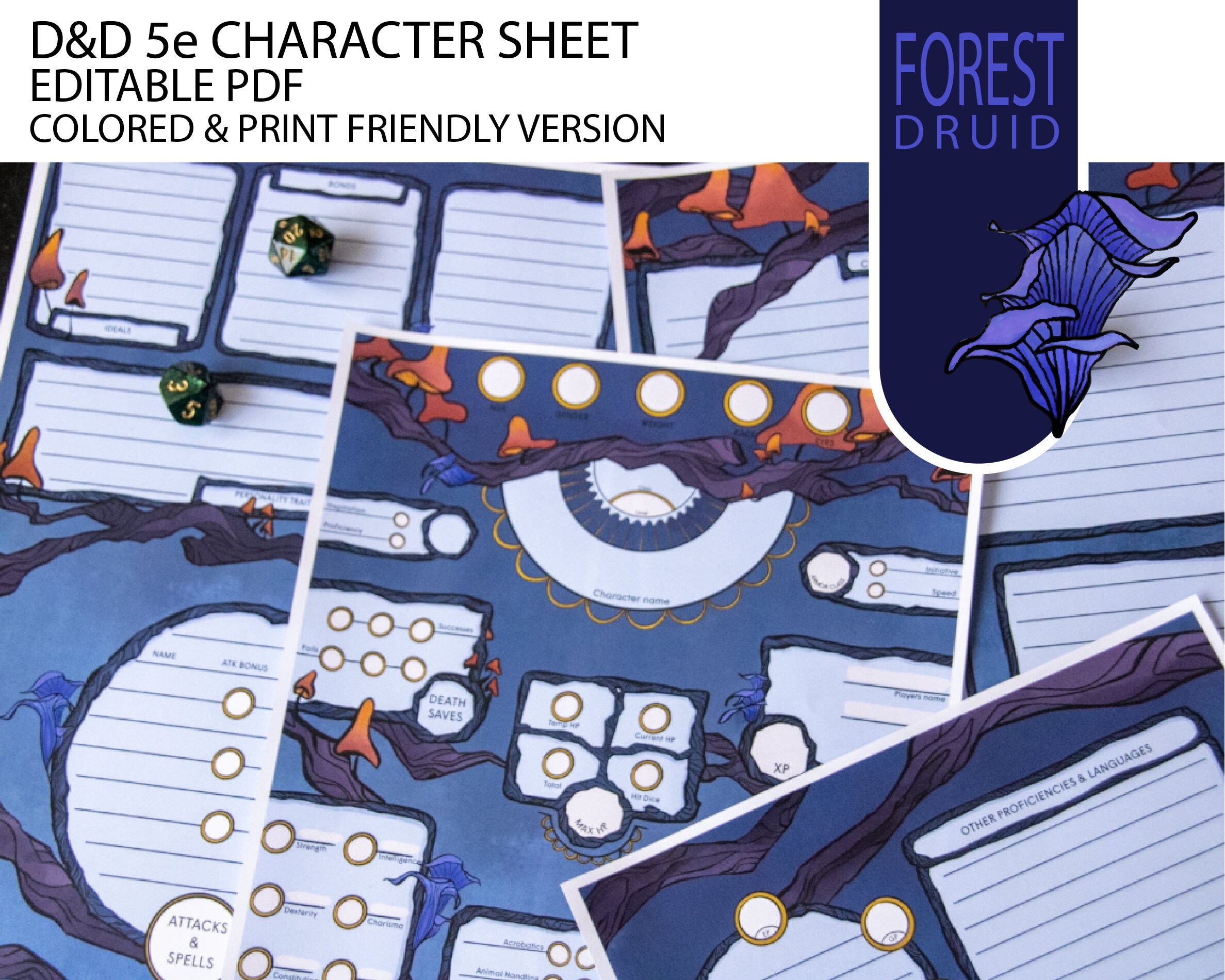 Dnd 5e Character Sheet - Editable PDF - Black and White + Colored ...