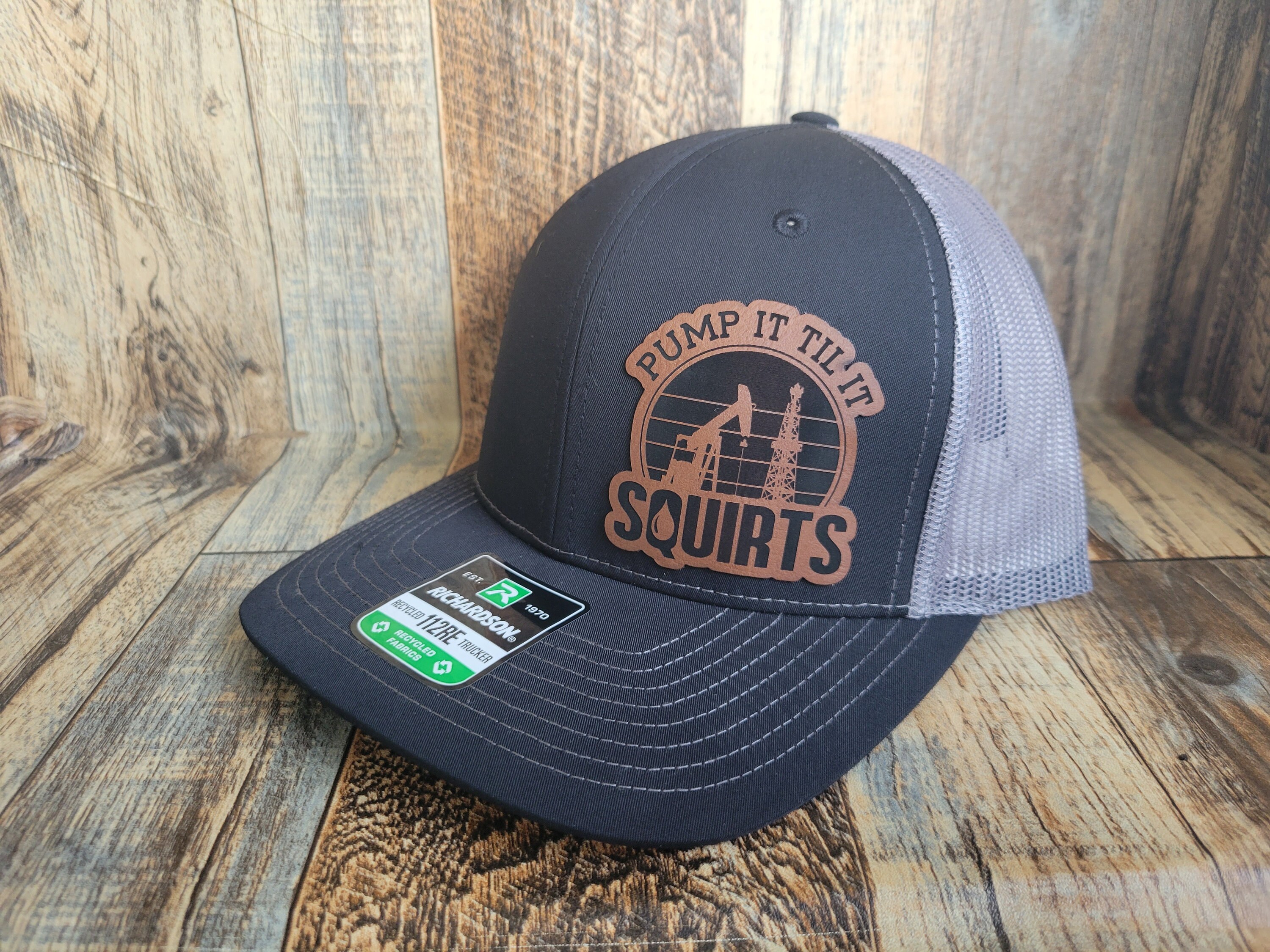 Pump It Til It Squirts Oil Rig Leather Patch Trucker Snapback Mesh Back ...