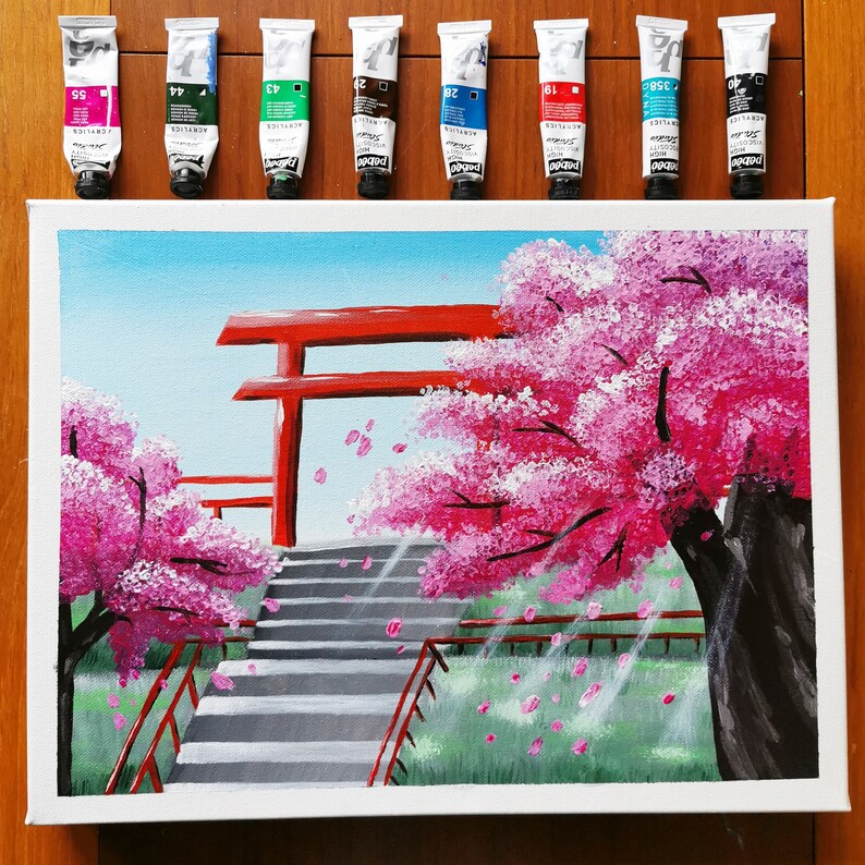 Sakura in Japan Acrylic Painting on Canvas of Sakura Tree in - Etsy