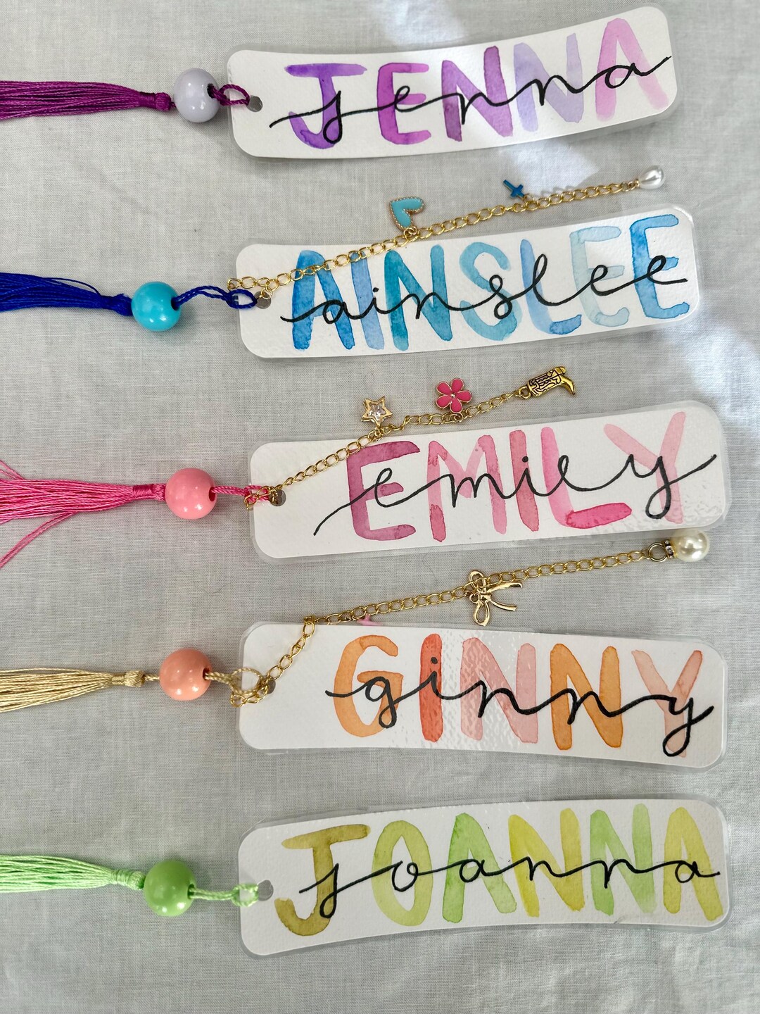 Custom Name Watercolor Bookmark With Charm Tassle. Colorful Bookmark ...
