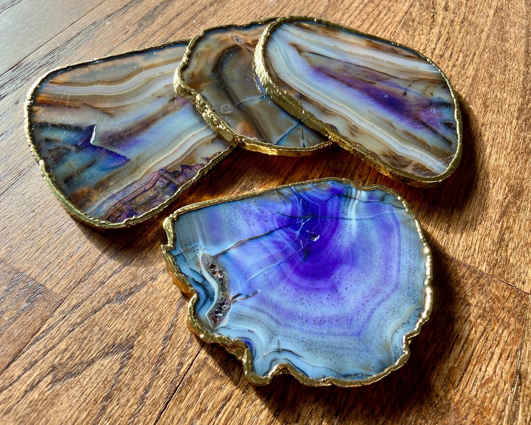 Electroplated Agate Coaster Set 4pcnatural Purple & Gold - Etsy