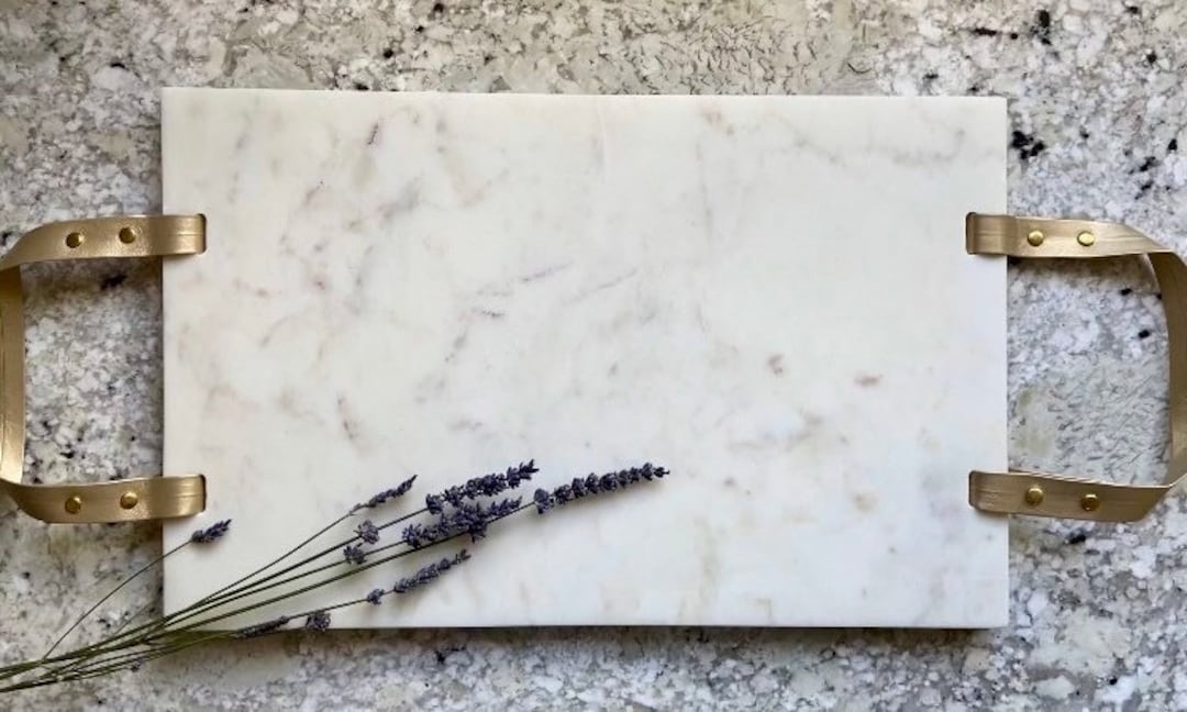 White Marble Tray With Gold Leather Handles | Elegant Stone Cutting ...