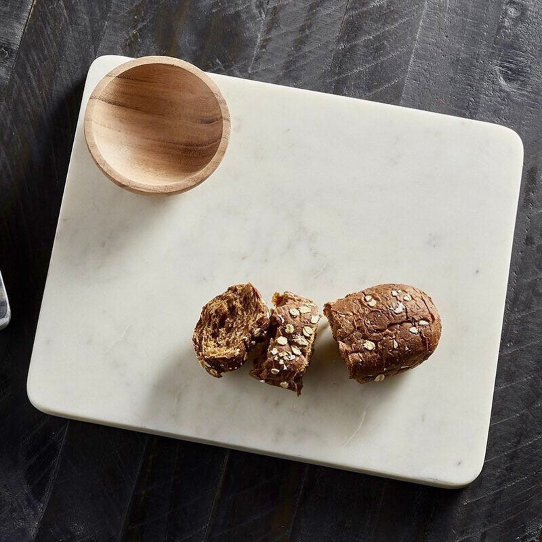 Elegant White Marble Tray + Single Wooden Bowl | Marble Cutting Board ...
