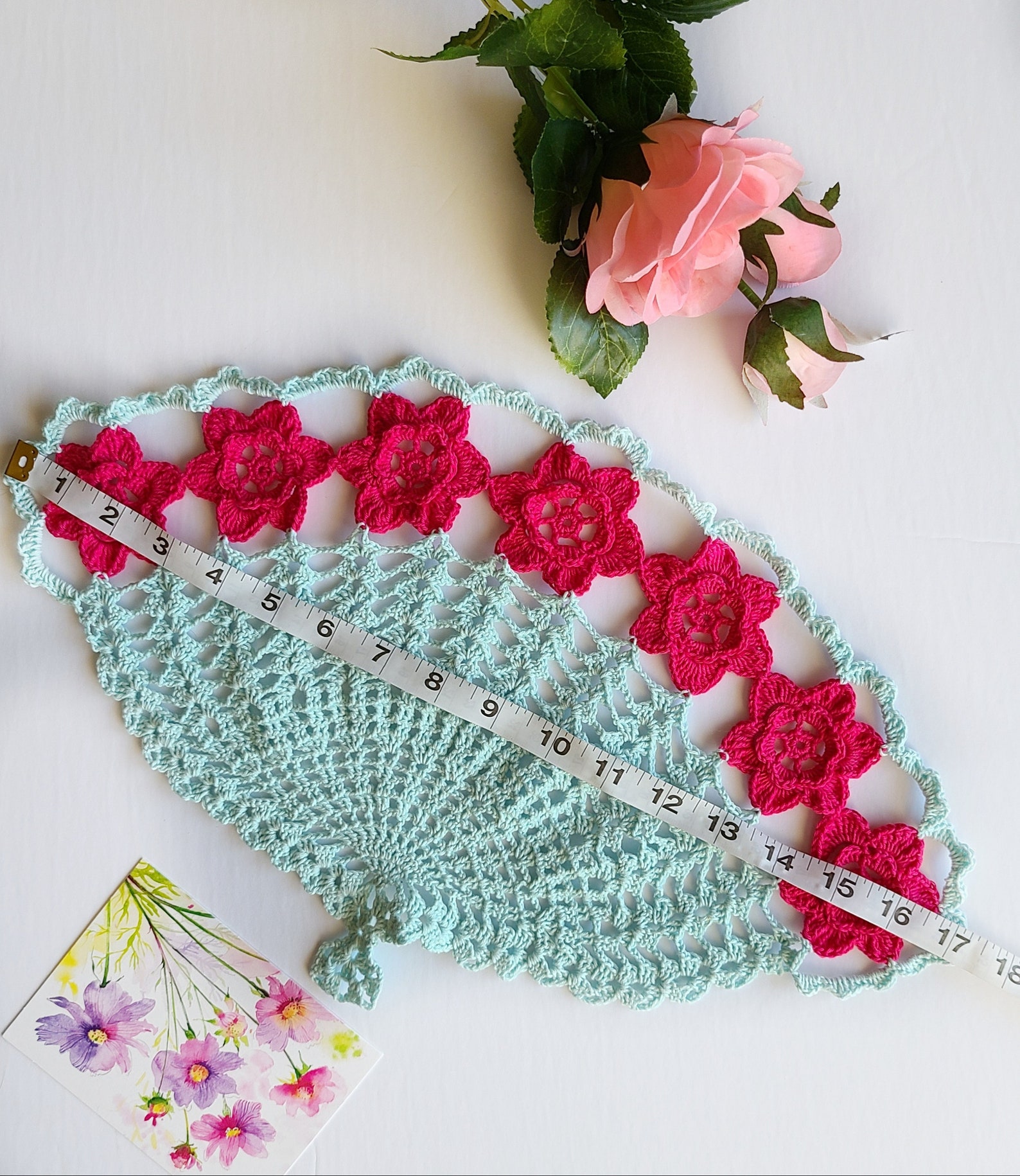 Crochet pale blue fan shaped doily with red roses | Etsy