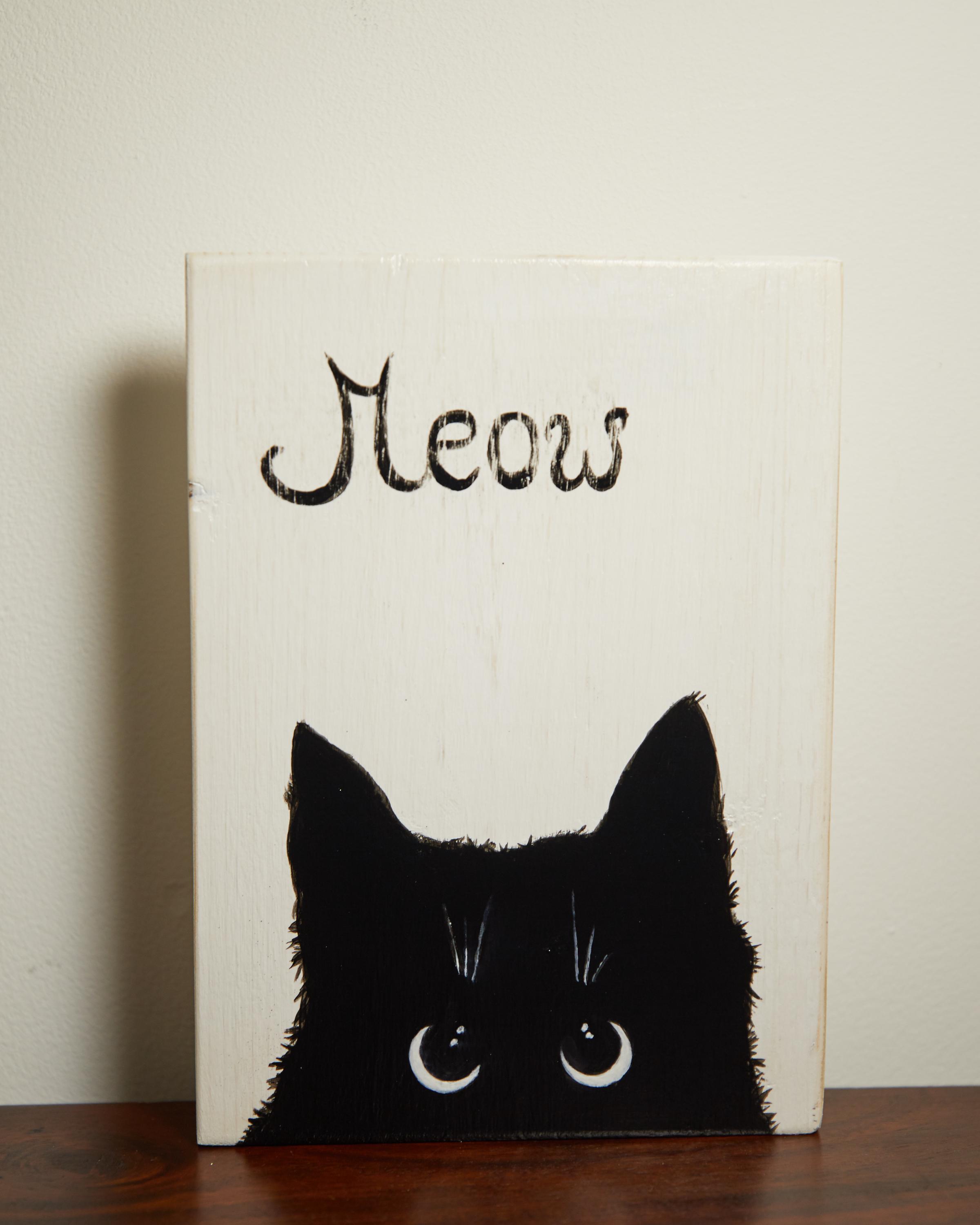 Hand-painted Black Cat & meow Sign Charming Rustic Art - Etsy