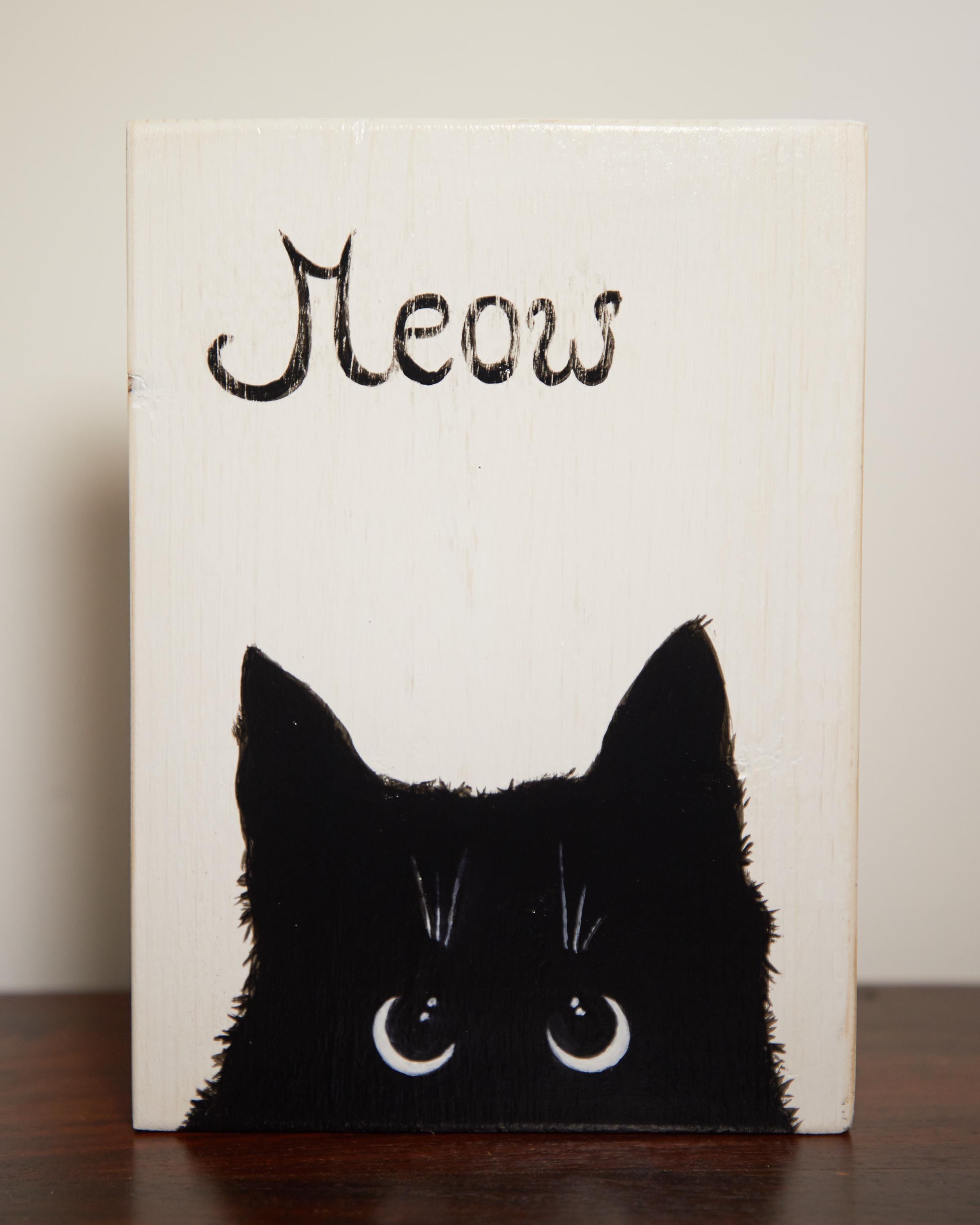 Hand-painted Black Cat & meow Sign Charming Rustic Art - Etsy