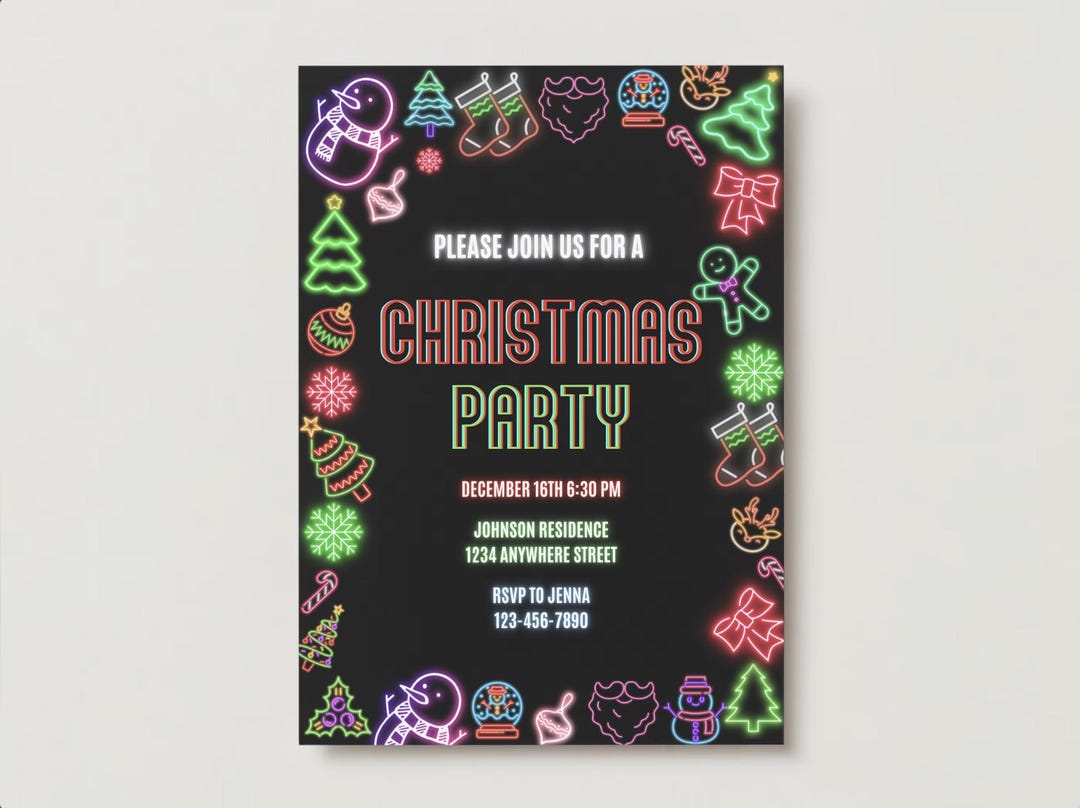 Editable Neon Christmas Party Invitation, DIGITAL Holiday Party Invite ...