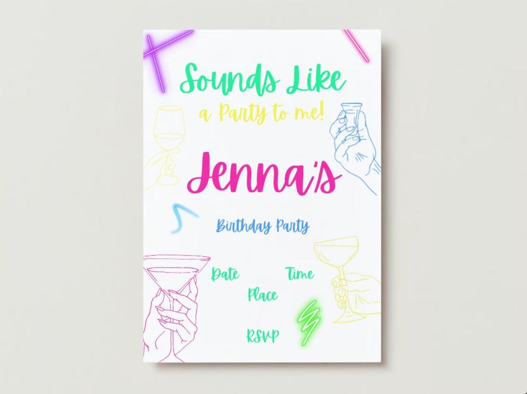Adult Neon Birthday Invitation, Editable Party Invite, Music, Drinks ...