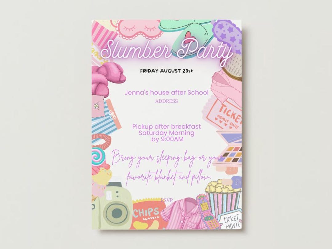 Slumber Party Editable Birthday Invitation, Summer Birthday Party, E ...