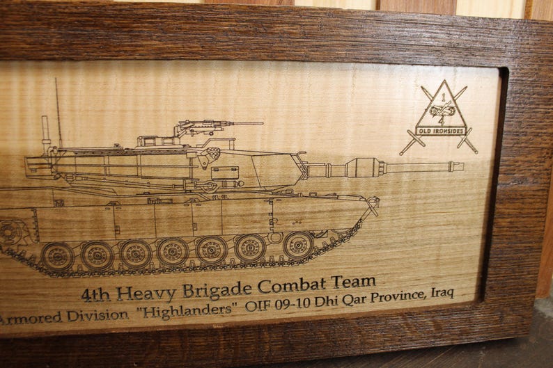 M1A2 Abrams Laser Engraving on Maple, Customizable With Unit, Name, Etc ...
