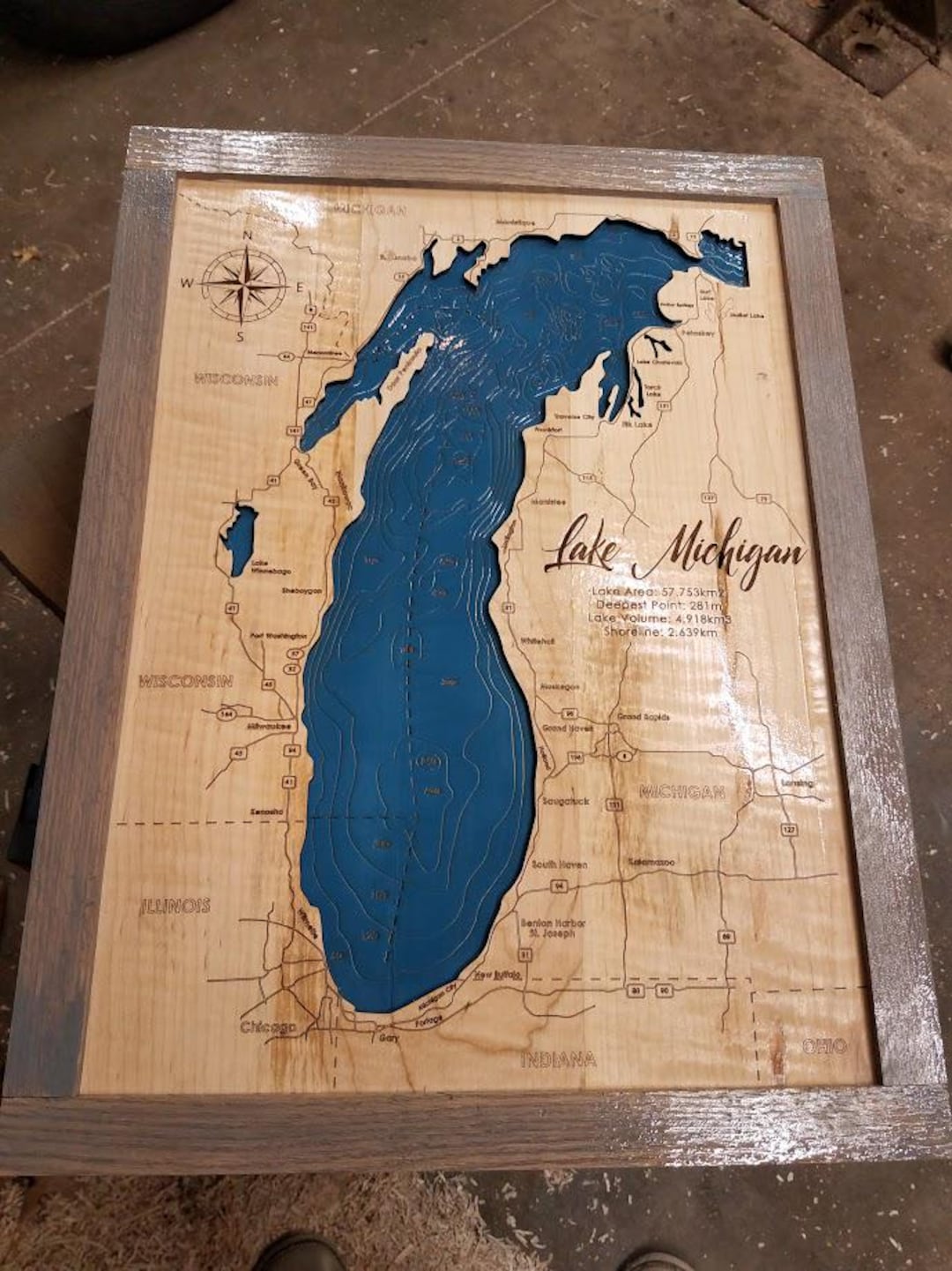Lake Michigan Depth Map-laser Cut Laser Engraved. - Etsy