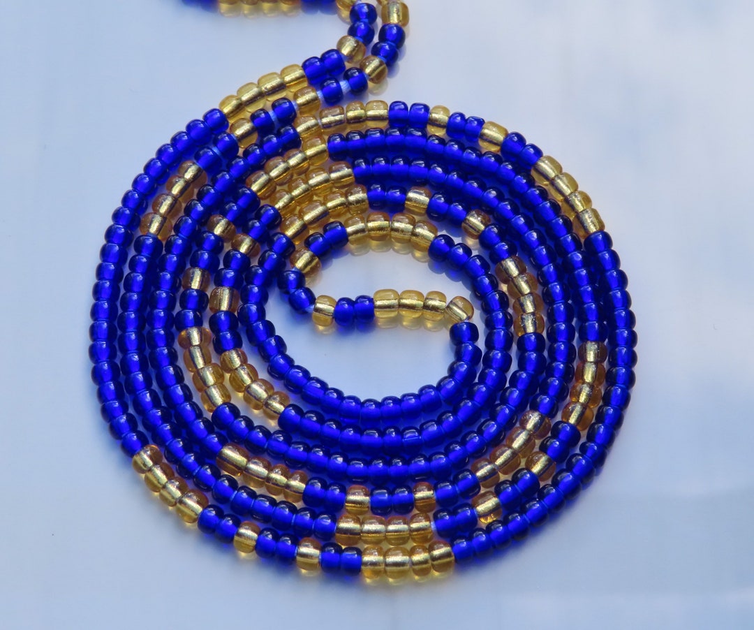 Blue and Gold Seed Bead Waist Beads, African Tie on Belly Chain - Etsy
