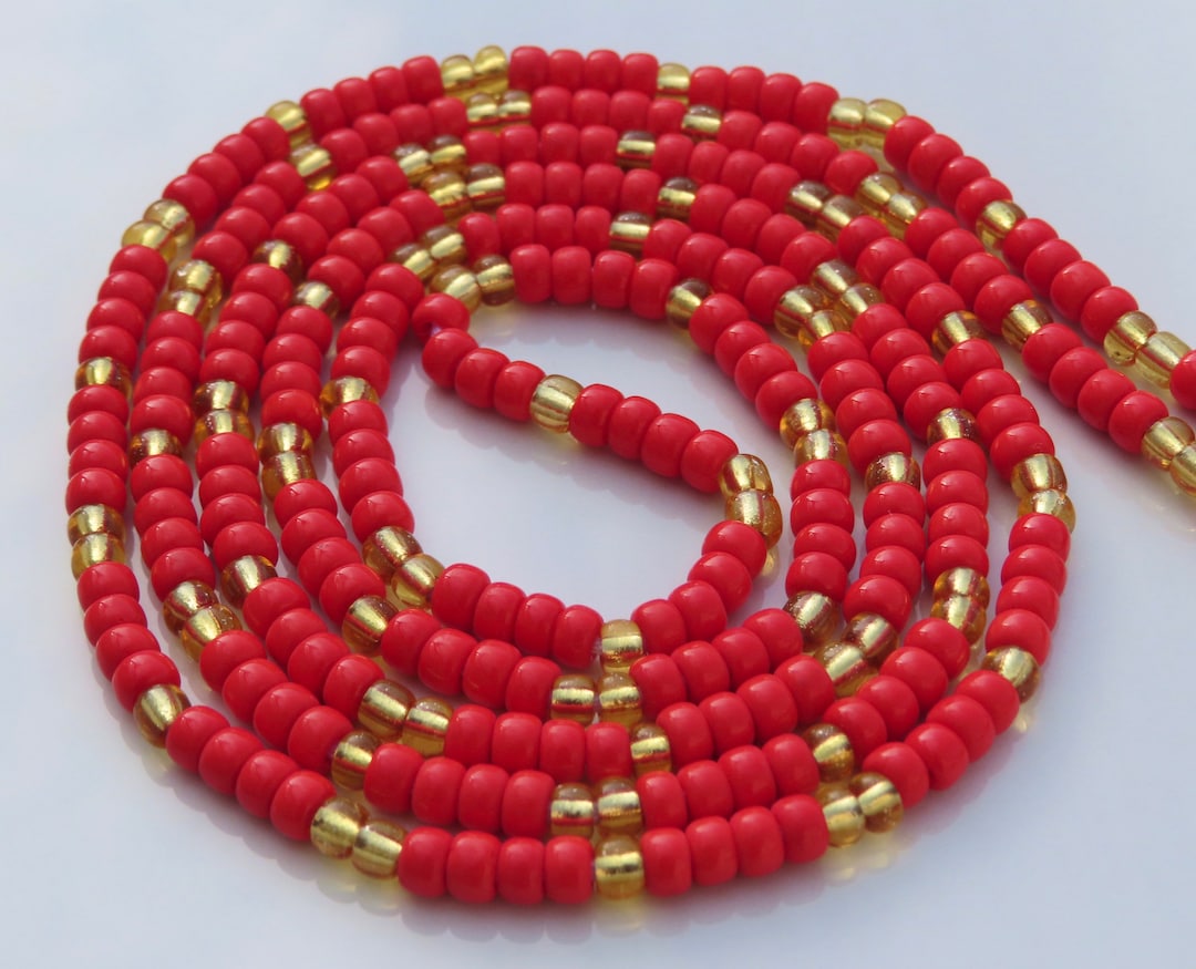 Red and Gold, African Tie on Waist Beads, Belly Beads, Custom Beads for ...