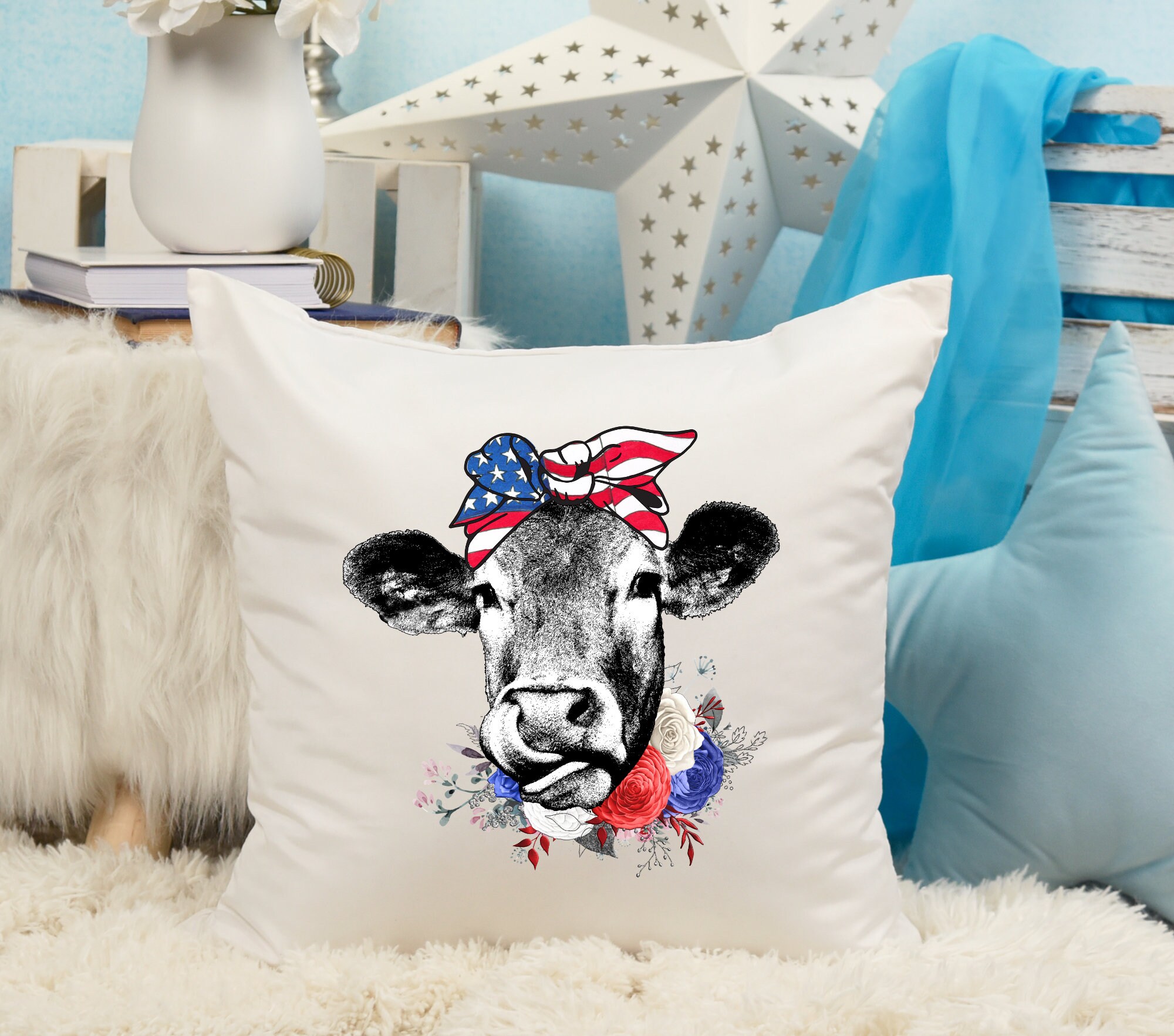 4th of July Patriotic Cow, American Flag Bandana Sublimation, Clipart ...