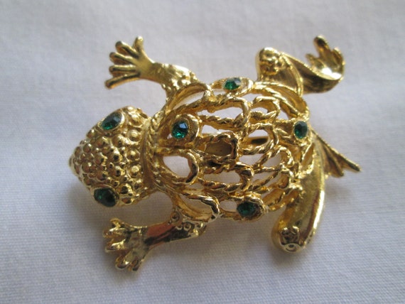 Frog Brooch Emerald Green Rhinestone Gold Tone - Gem