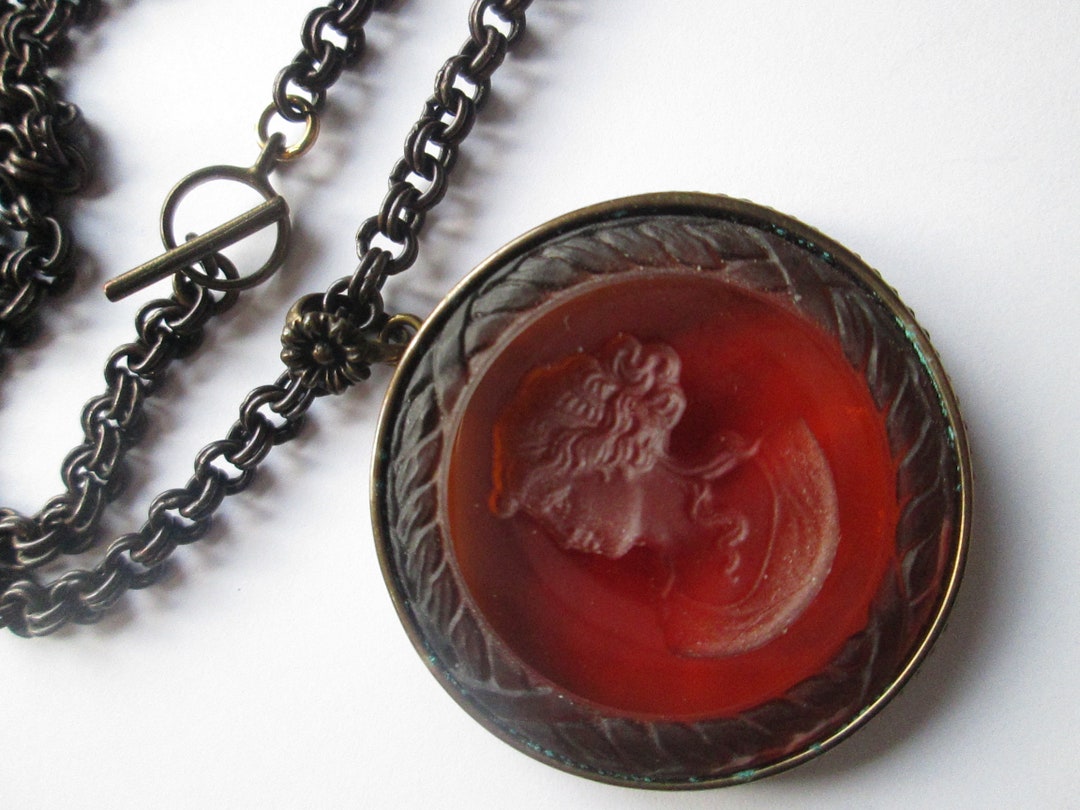 Antique Victorian Intaglio Cameo Glass Brass Necklace Pendant - Etsy