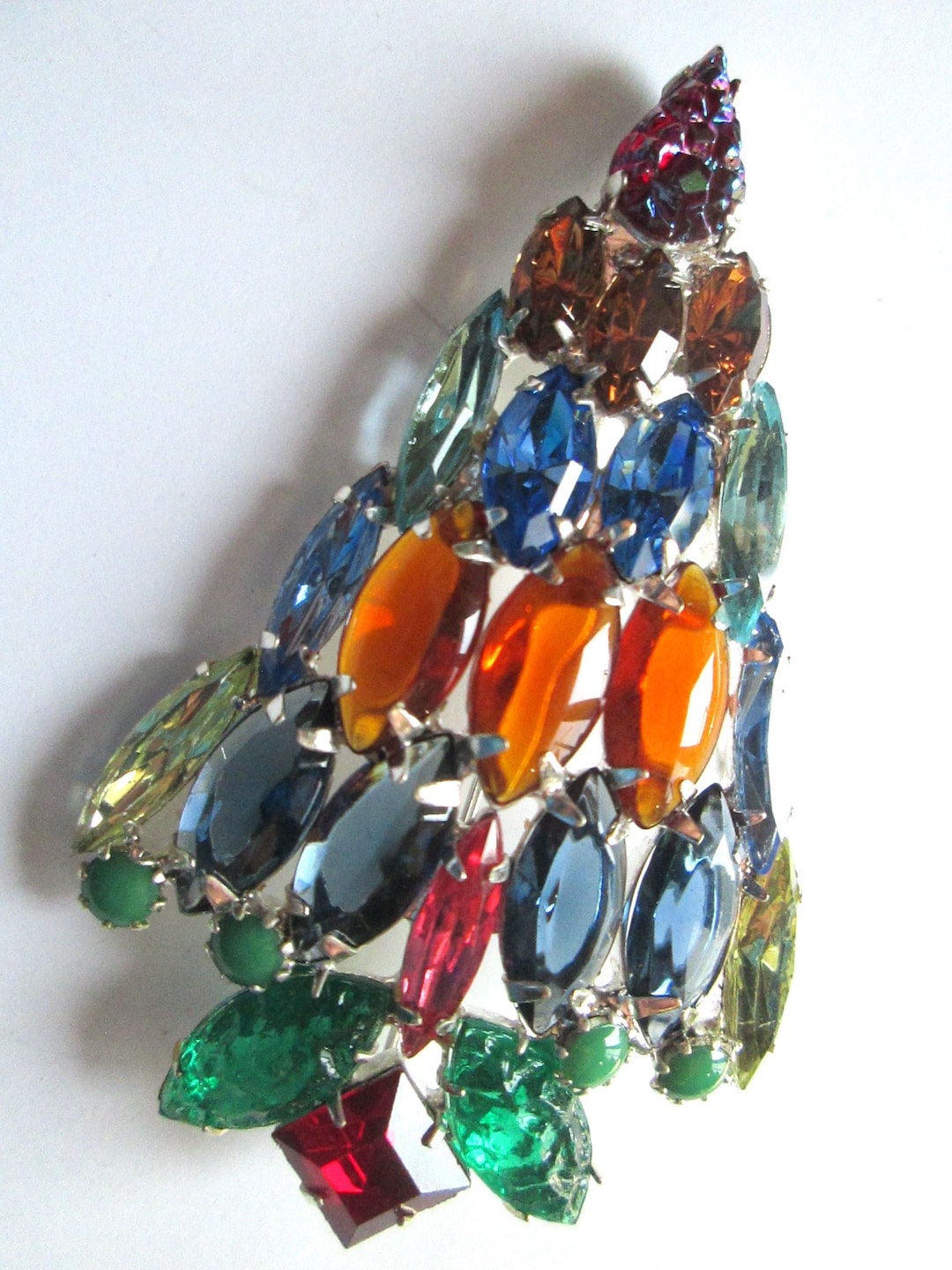 1980s KJL Kenneth Lane Christmas Tree Brooch Molded Glass Rhinestones ...