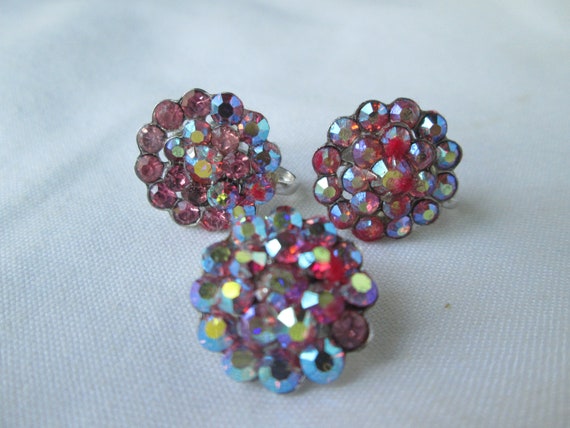 1940s AB Pink Rhinestone Button Stud Screw Back Earri… - Gem