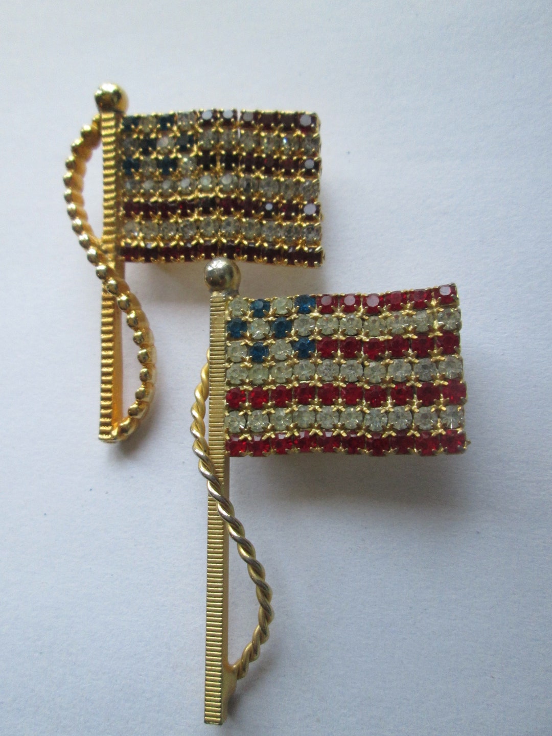2 Vintage American Flag Rhinestone Brooches All Prong Set Gold Plated ...