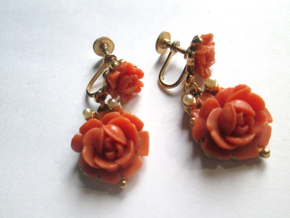 Celluloid Coral Seed Pearl Rose Dangle Drop Earrings - Gem