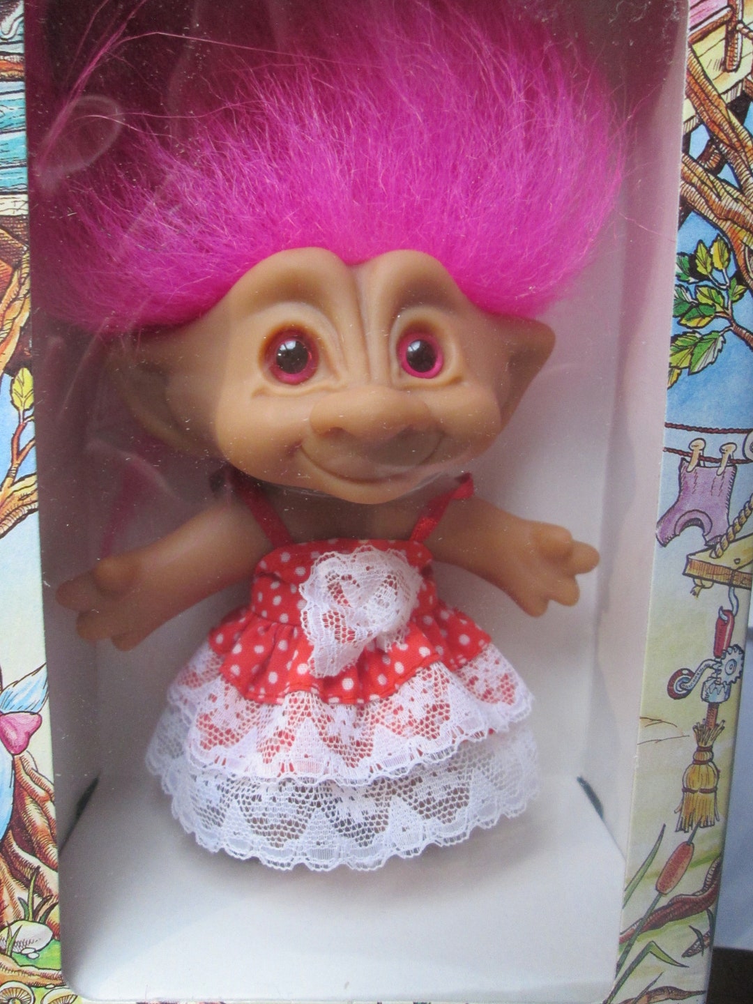 1990s ACE Novelty Treasure Troll Doll Boxed Pink Hair Red White Dress ...