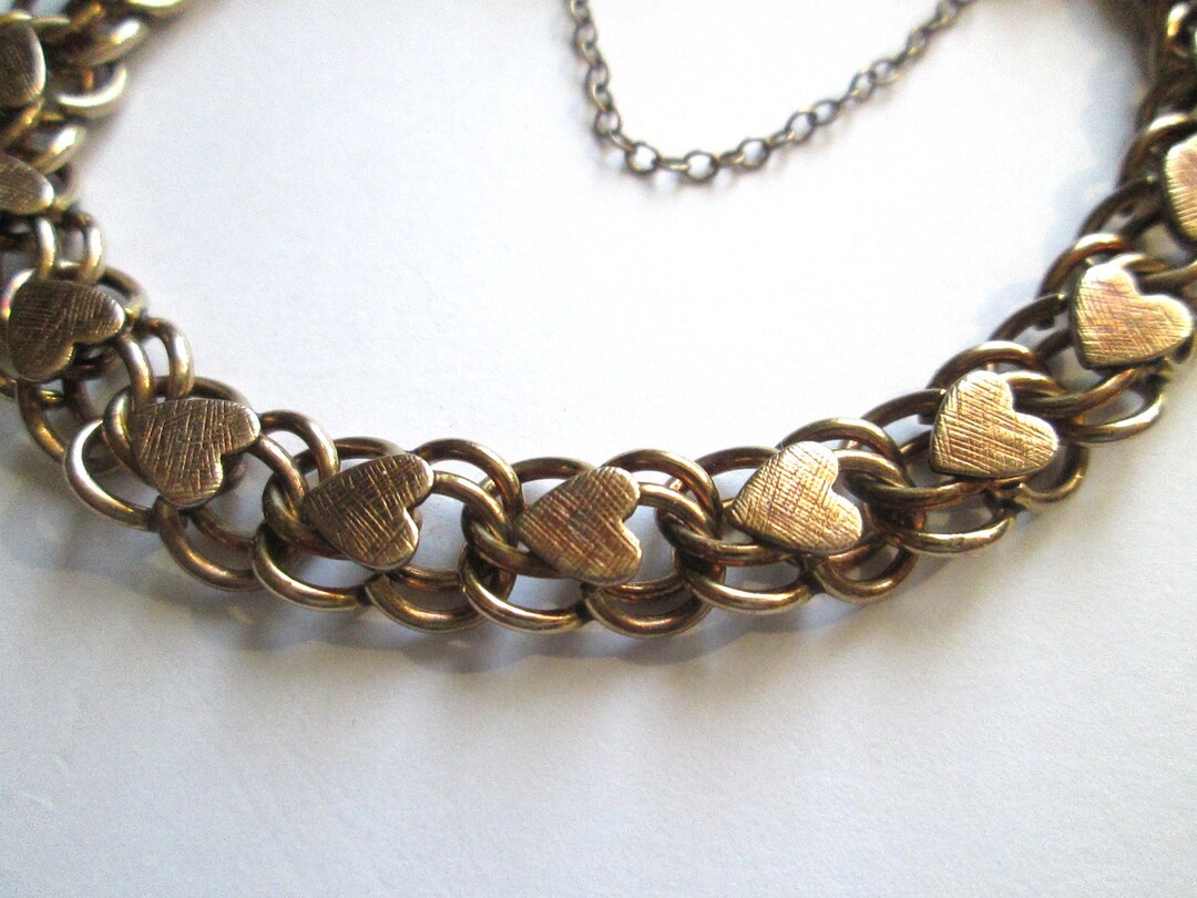 1950s Elco 12k GF Double Chain Link Heart Charm Bracelet With Safety ...