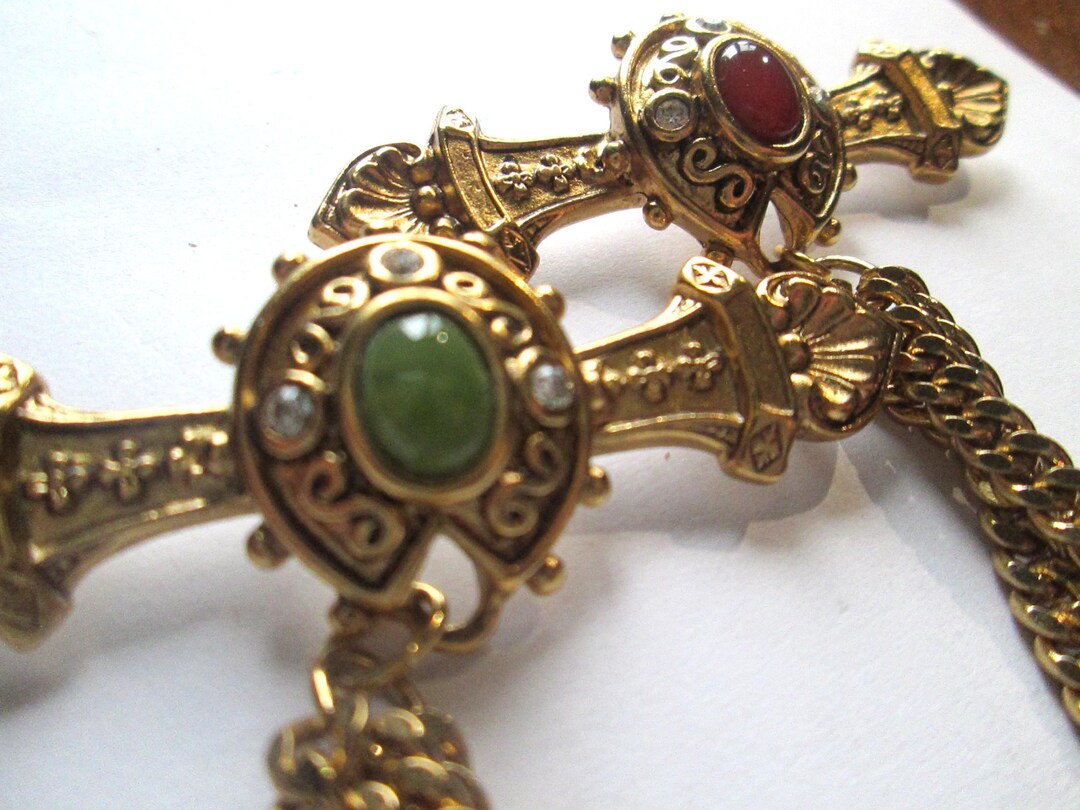 1970s Gold Plated Cabochon Green Red Rhinestone Chatelain Brooch - Etsy
