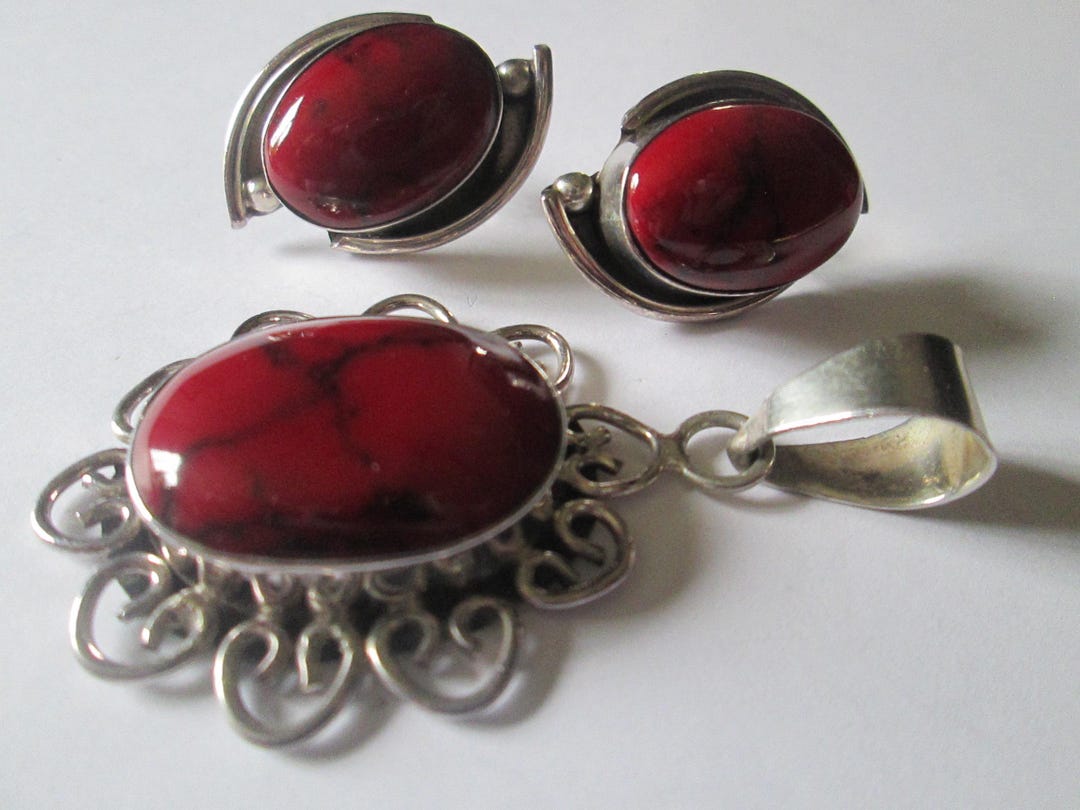 925 Sterling Taxco Mexico Red Jasper Pendant Earrings - Etsy