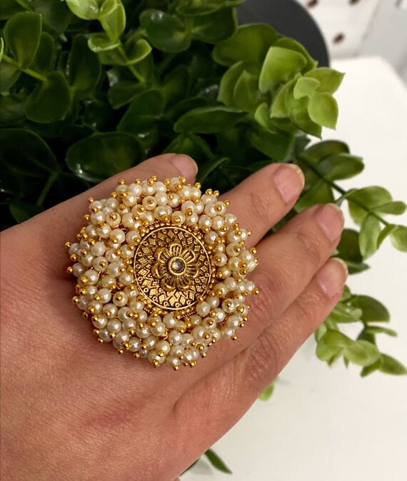Gold pearl Finger ring/ Indian Pearl ring/Indian wedding | Etsy