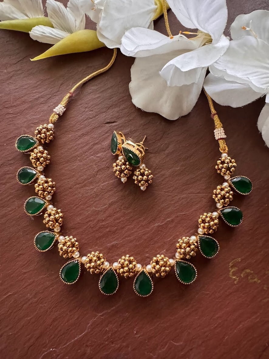 Emerald Green Gold-plated Indian Choker Necklace Set - Etsy