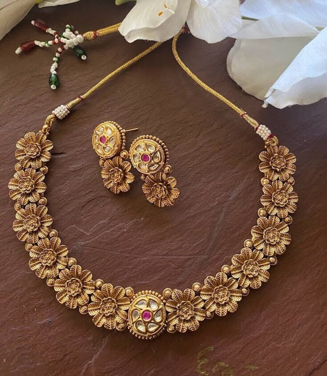 Matte Gold Necklace /indian Gold Choker Necklace Set/ Indian Choker ...