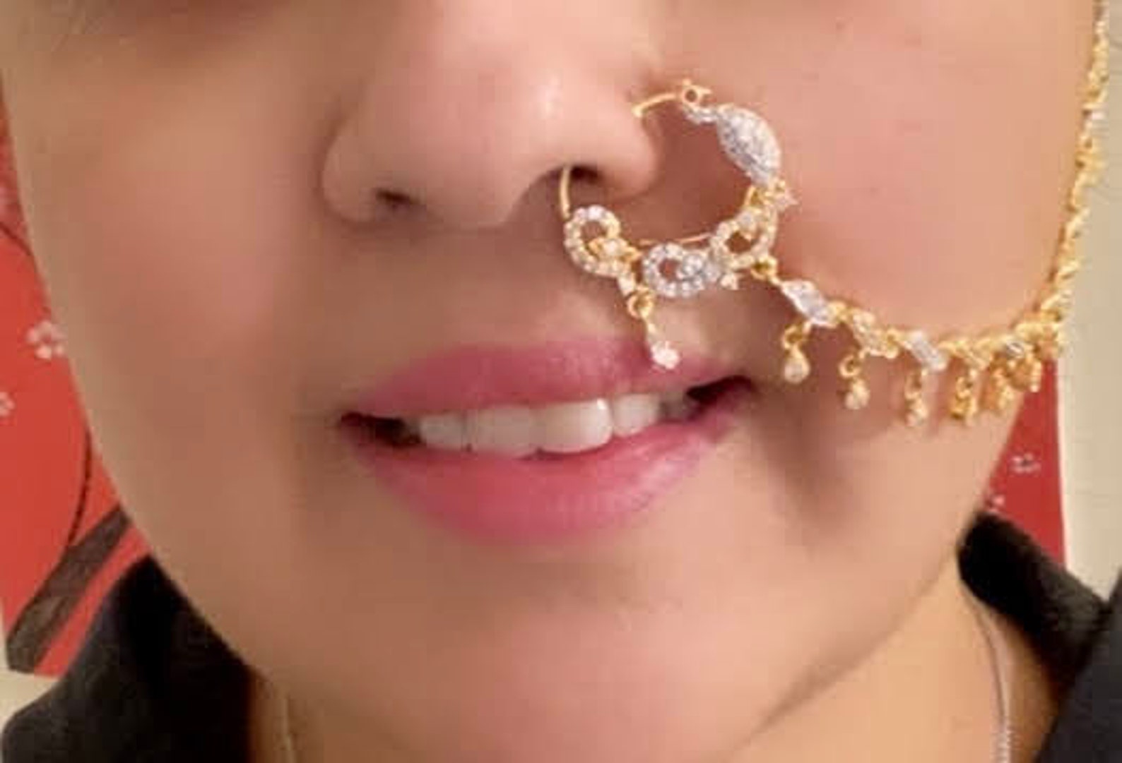 CZ Nose ring Spring Nose Ring with gold chain Nath Indian | Etsy