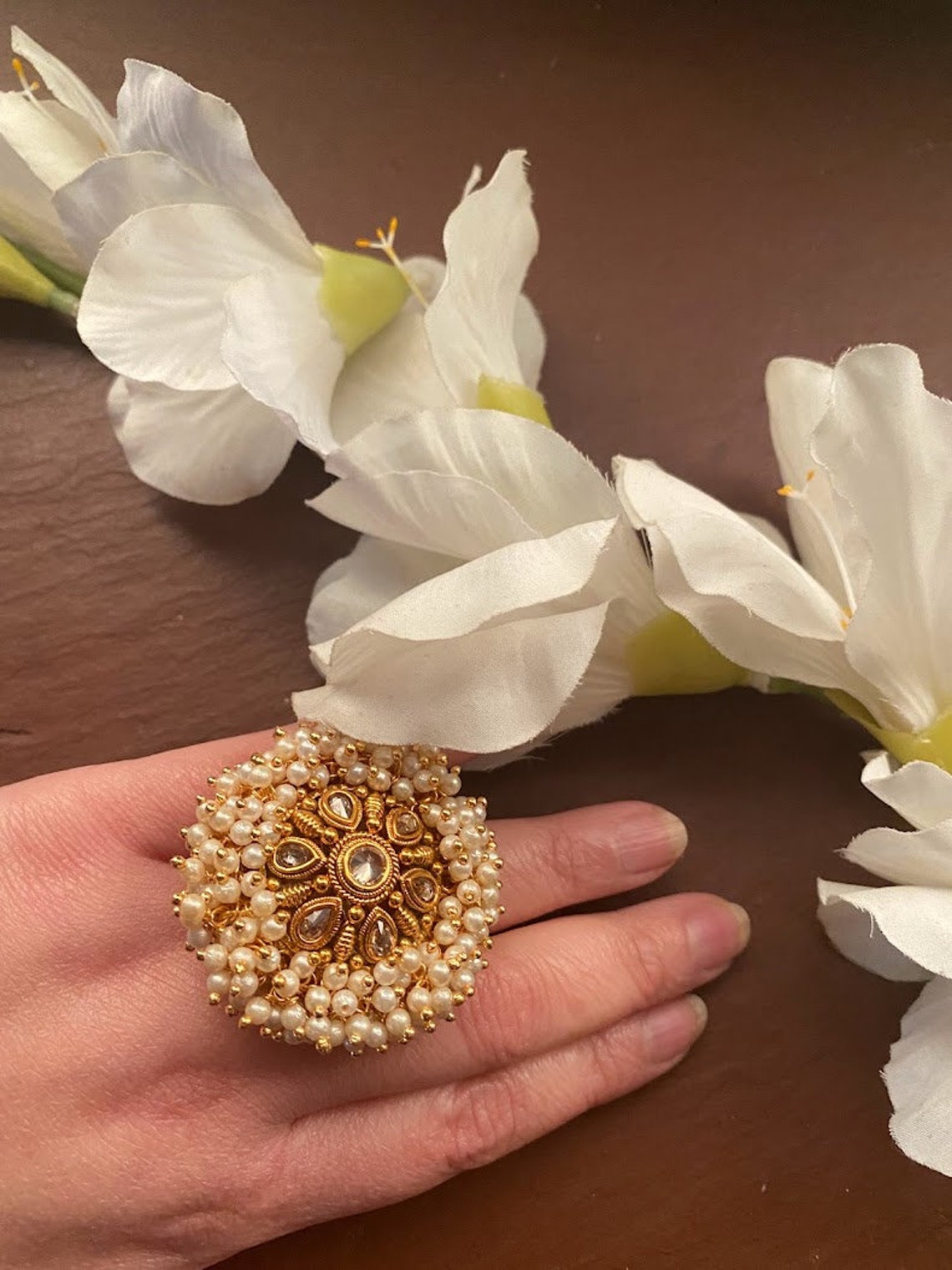 Gold Pearl Finger Ring/ Indian Pearl Ring/indian Wedding - Etsy