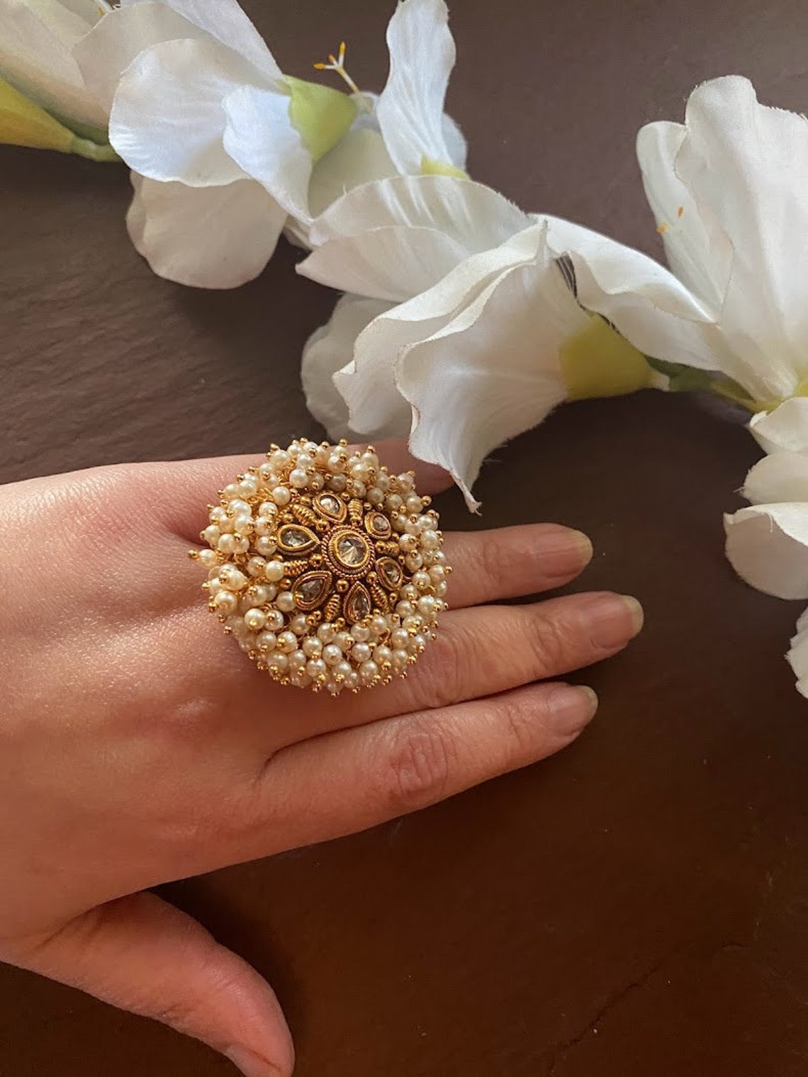 Gold Pearl Finger Ring/ Indian Pearl Ring/indian Wedding - Etsy