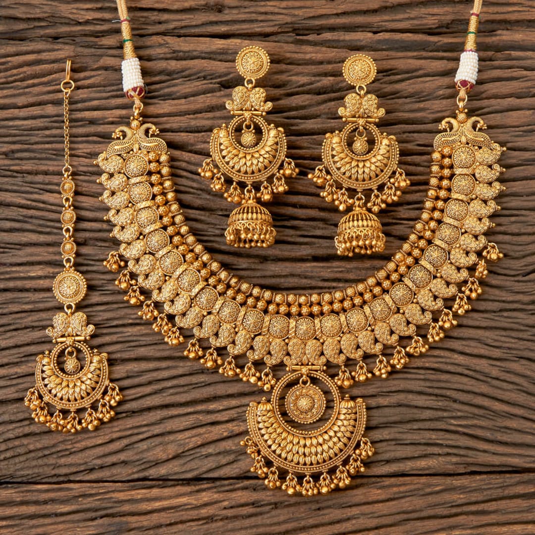 Antique Gold Indian Choker Necklace Set: South Indian Bridal Jewelry - Etsy