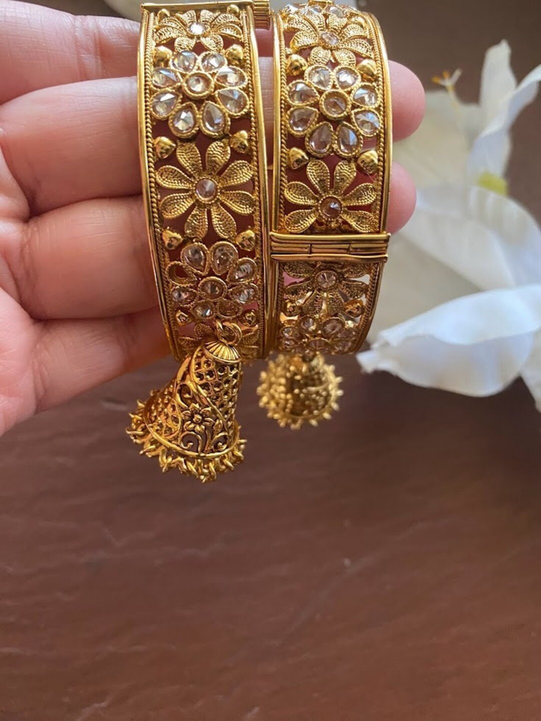 Gold Jhumka Bangles: Indian Polki Kundan Kada, Openable Bangle - Etsy