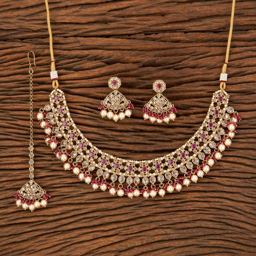 Ruby Polki Choker Necklace Set/ Antique Dull Gold Delicate Indian ...