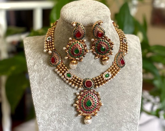 Ruby Red Necklace / Antique Gold Necklace/ Indian Choker/south Indian ...