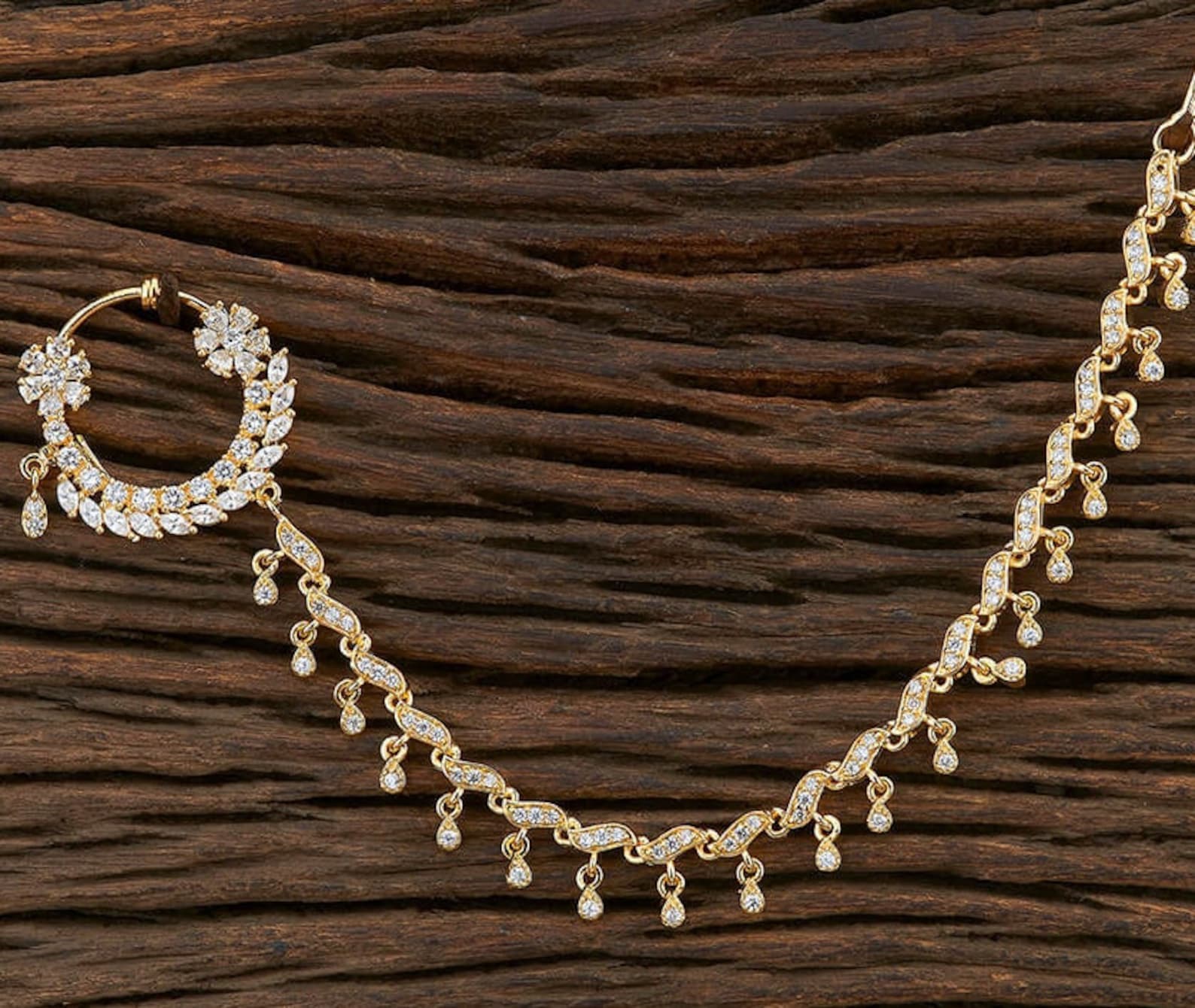 CZ Nose Ring, Spring Nose Ring With Gold Chain, Nath, Indian Nose Ring ...