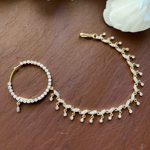 CZ Nose Ring With Gold Plating, Spring Nose Ring With Gold Chain, Gold ...