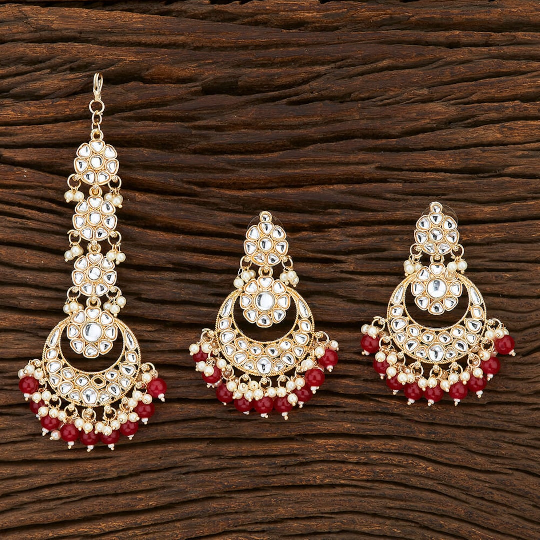 Kundan Tikka and Earrings Set /dark Red Mang Tikka Set/maroon Tikka ...