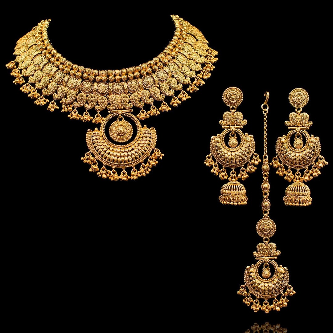 Gold Plated Indian Choker Necklace Set: Bridal Temple Jewelry - Etsy