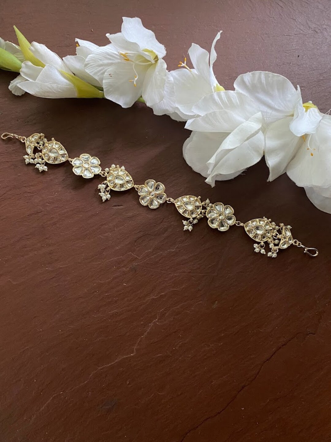 Kundan Pearl Sheesh Phool/matte Gold Kundan Head Band/bridal Matha ...